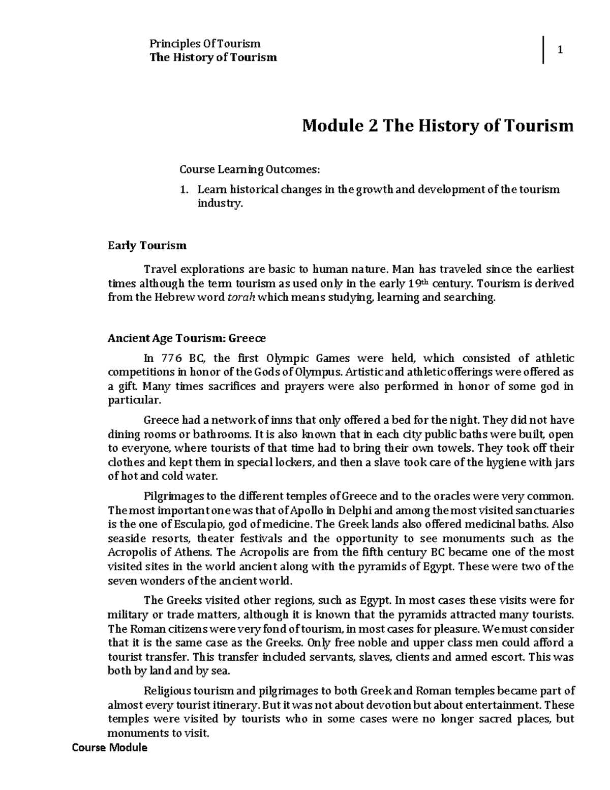 W2-Module 2 The History of Tourism - The History of Tourism 1 Module 2 ...