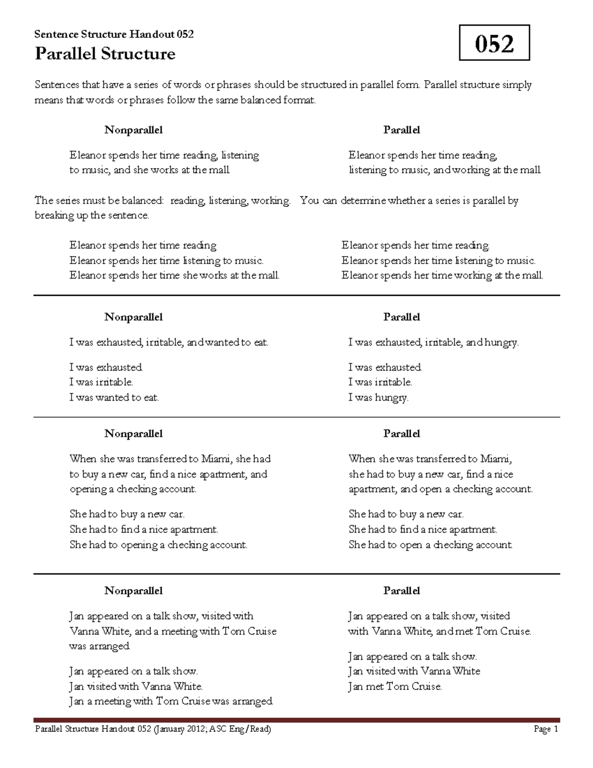 052 parallel structure - Parallel Structure Handout 052 (January 2012 ...