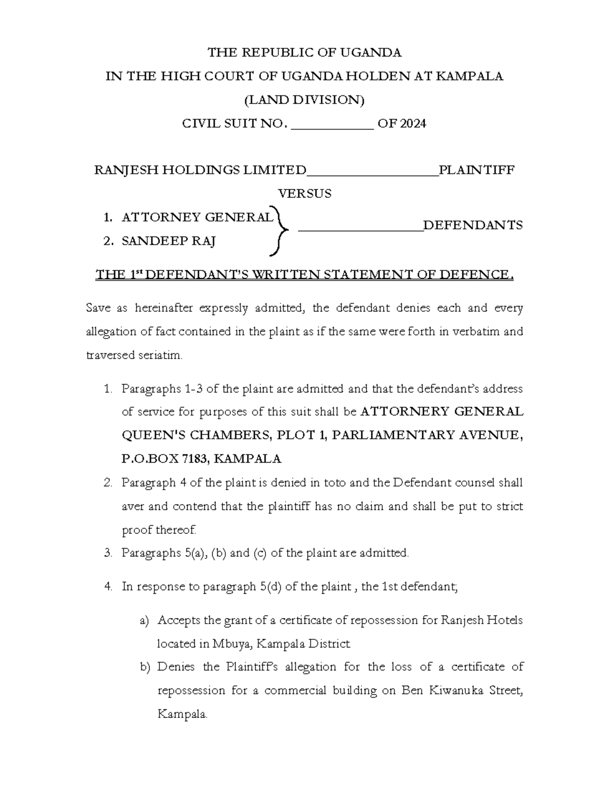 CIVIL SUIT NO. ____________ OF 2024: WRITTEN DEFENCE BY DEFENDANTS ...