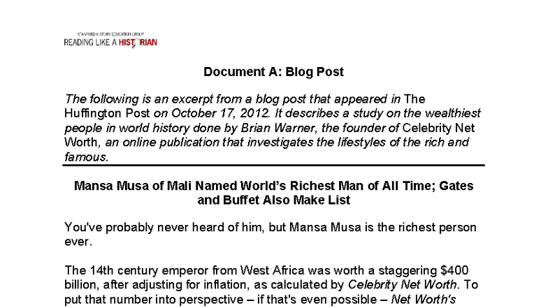 Mansa Musa: The Richest Man in History - Student Materials - Studocu