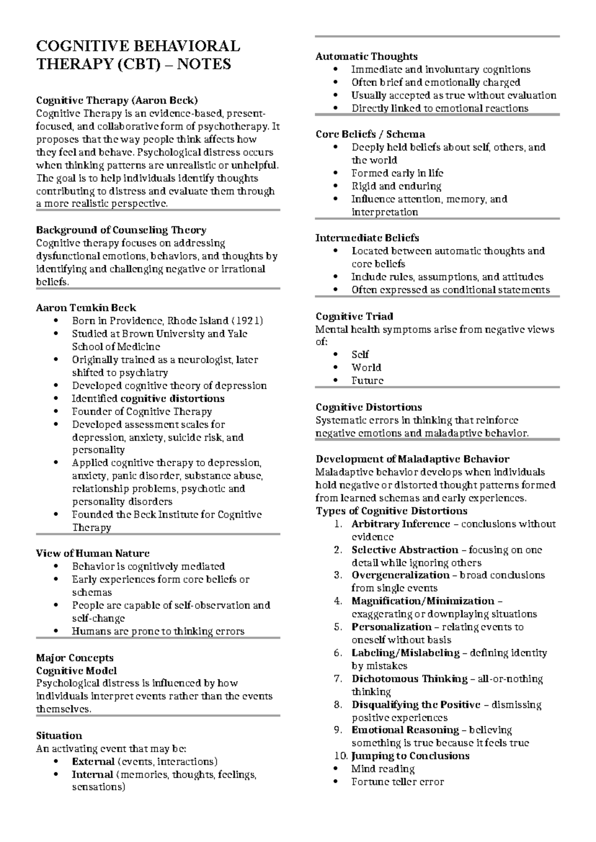 COG 101: Cognitive Behavioral Therapy (CBT) Notes and Concepts - Studocu