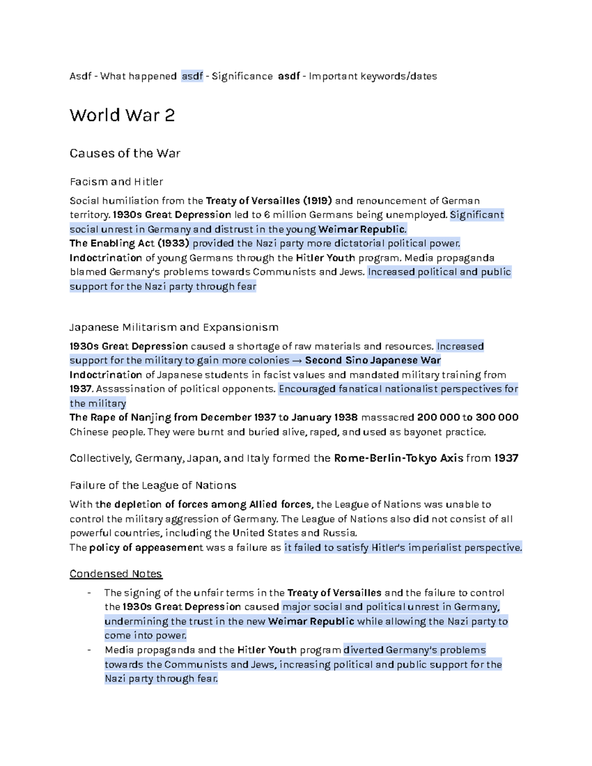 WW2 Causes and Course of War: Key Events and Impacts - Studocu