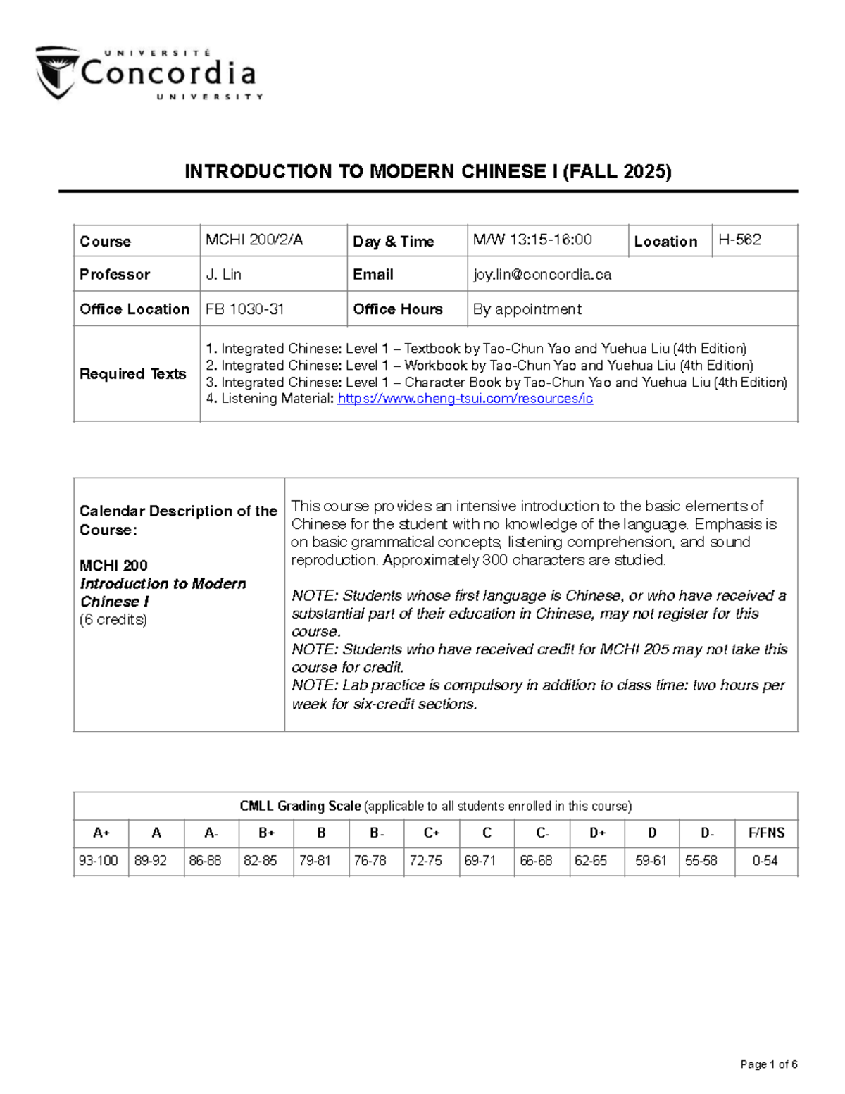 MCHI 200 Course Outline: Introduction to Modern Chinese I (Fall 2025 ...