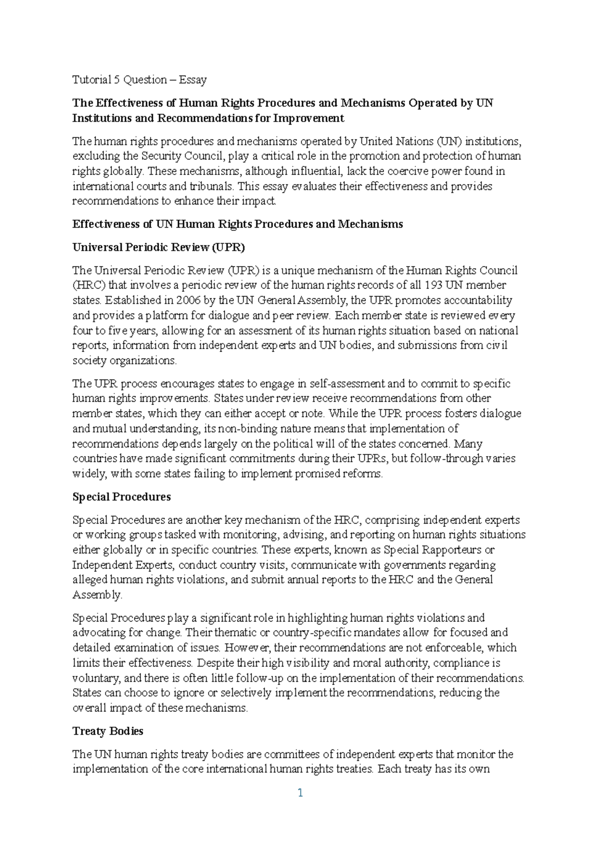 LAW3855 Tutorial 5 Essay: Evaluating UN Human Rights Mechanisms - Studocu