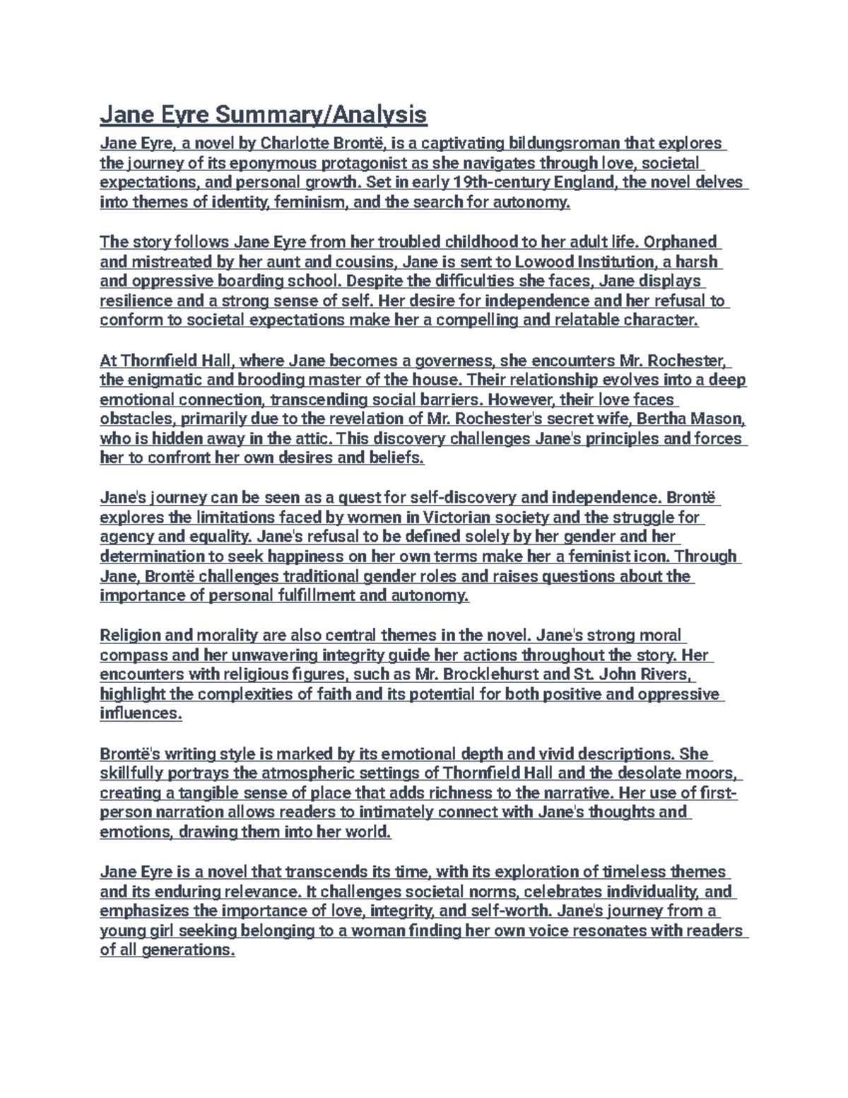 AP Literature Jane Eyre Summary/Analysis - Jane Eyre Summary/Analysis ...