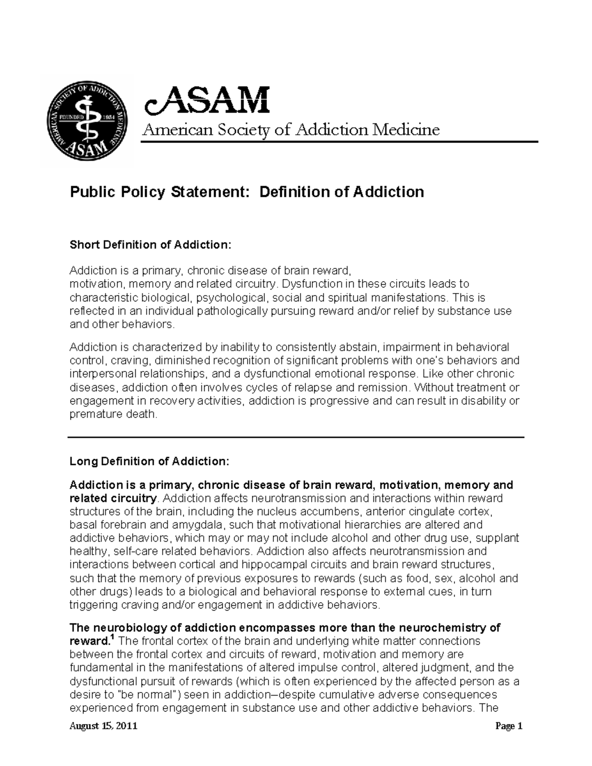 ASAM Public Policy Statement Definition of Addiction (Long Version ...
