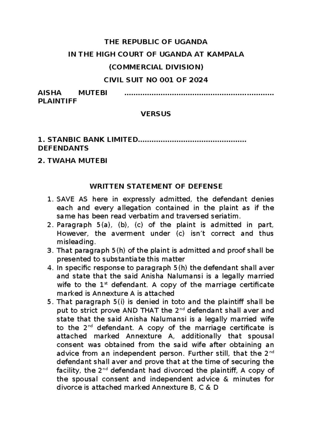 WSD Civil CASE 001/2024 - Sample Written Statement of Defence - Studocu
