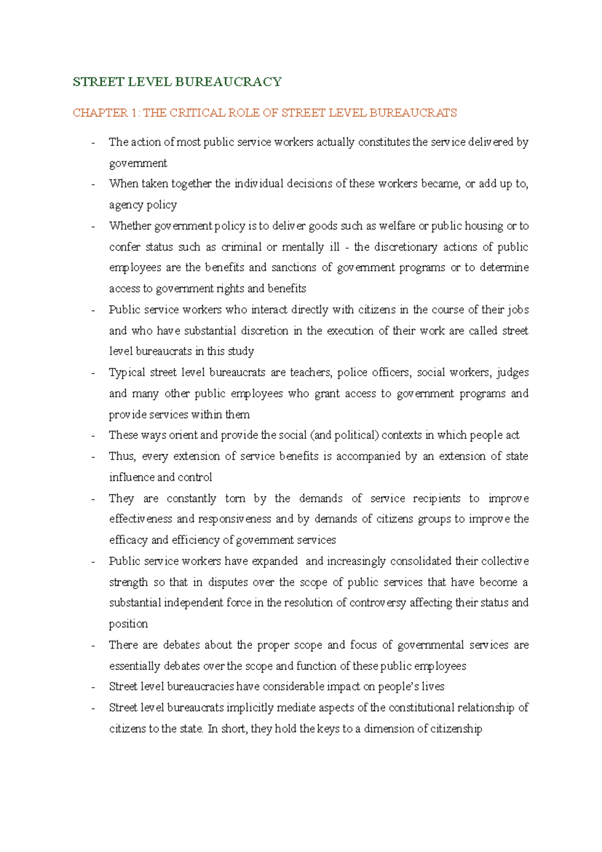 STREET LEVEL BUREAUCRACY CHAPTER 1: THE ROLE OF PUBLIC SERVICE WORKERS ...