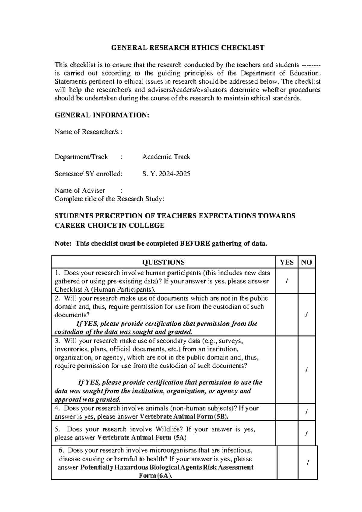 General Ethics Checklist Form - GENERAL RESEARCH ETHICS CHECKLIST This ...