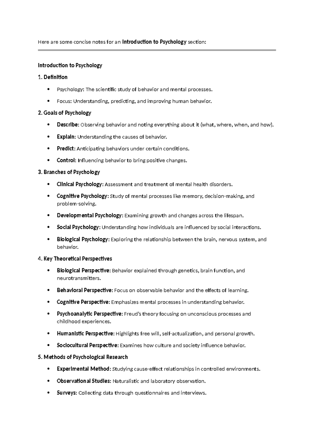 An Introduction to Psychology section - Here are some concise notes for ...