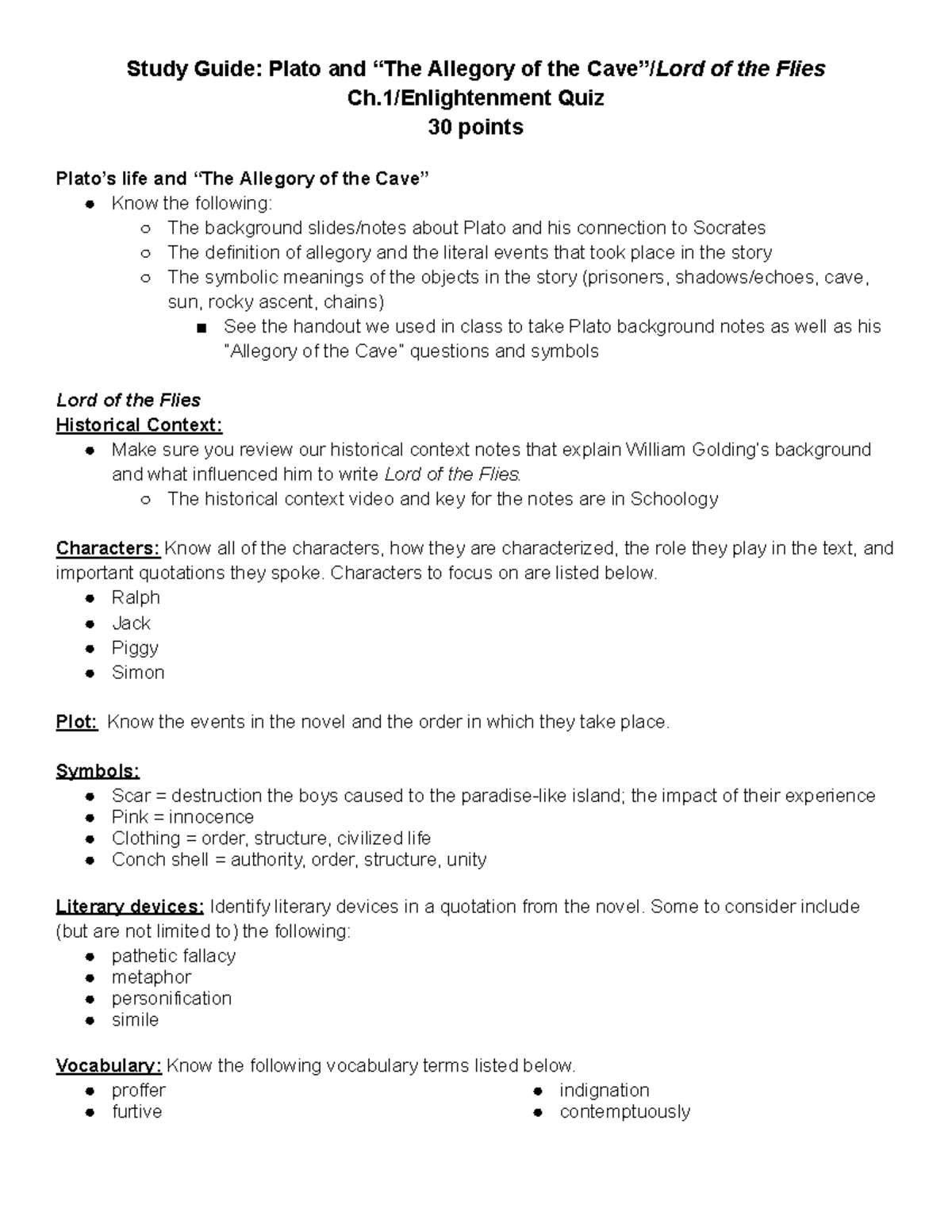 Study Guide: Plato's Allegory & Lord of the Flies Quiz (30 pts) - Studocu