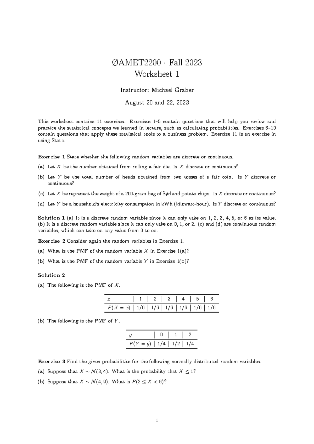 Worksheet solutions - ØAMET2200 · Fall 2023 Worksheet 1 Instructor ...