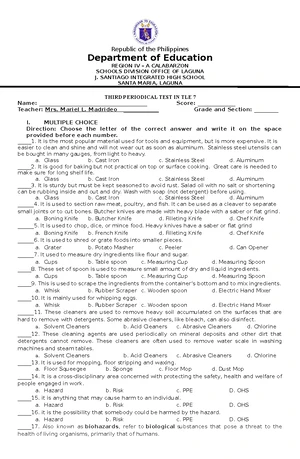 3. TEST- TLE 7- Cookery - TEST AND QUESTION AND ANSWER KEY - Republic ...