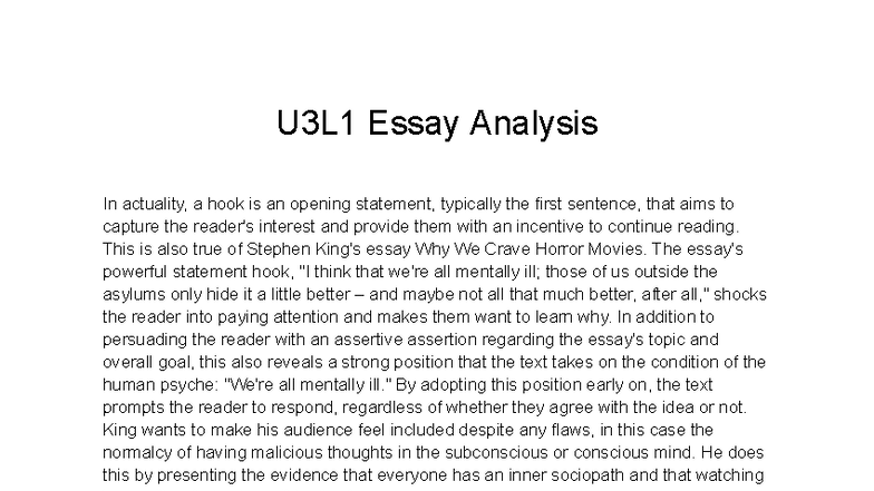 U3L1 Analysis of Stephen King's Essay on Horror Movie Appeal - Studocu