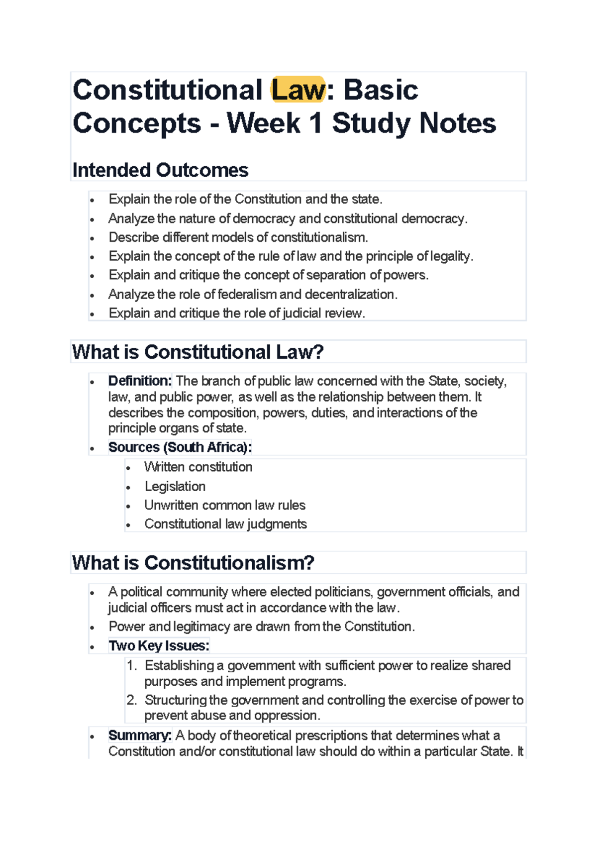 Constitutional Law 2: Key Concepts and Week 1 Study Notes - Studocu