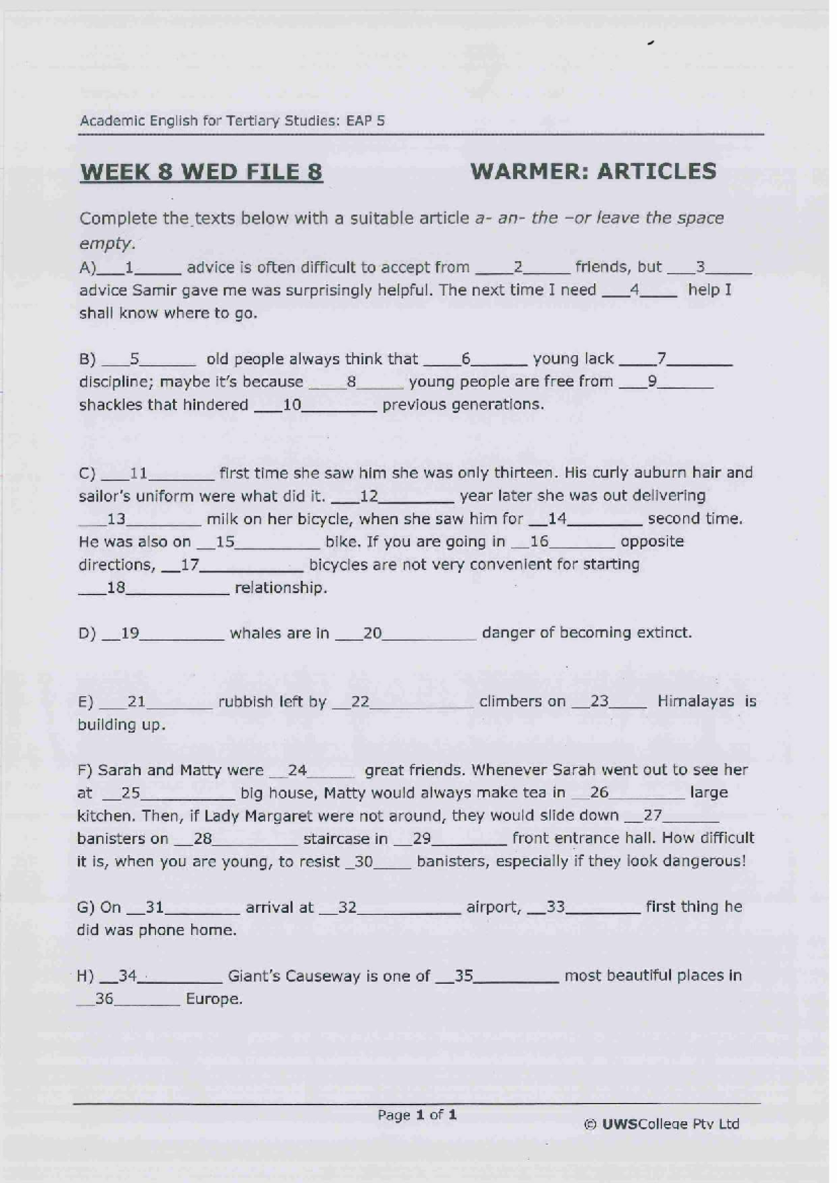 EAP5 Week 8 Wed F8 - Warmer Articles - Academic English for Tertiary ...