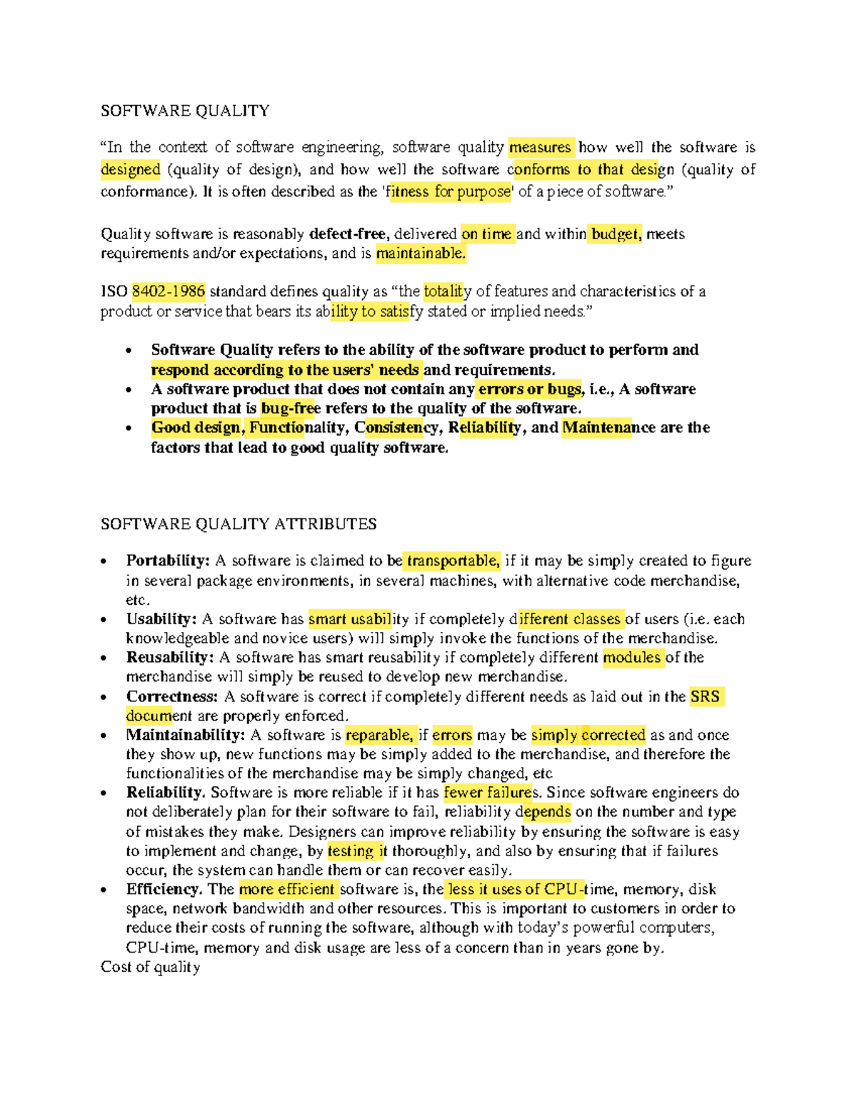 Unit-1 - KCA 035 Software Quality Engineering Overview and Key Metrics - Studocu