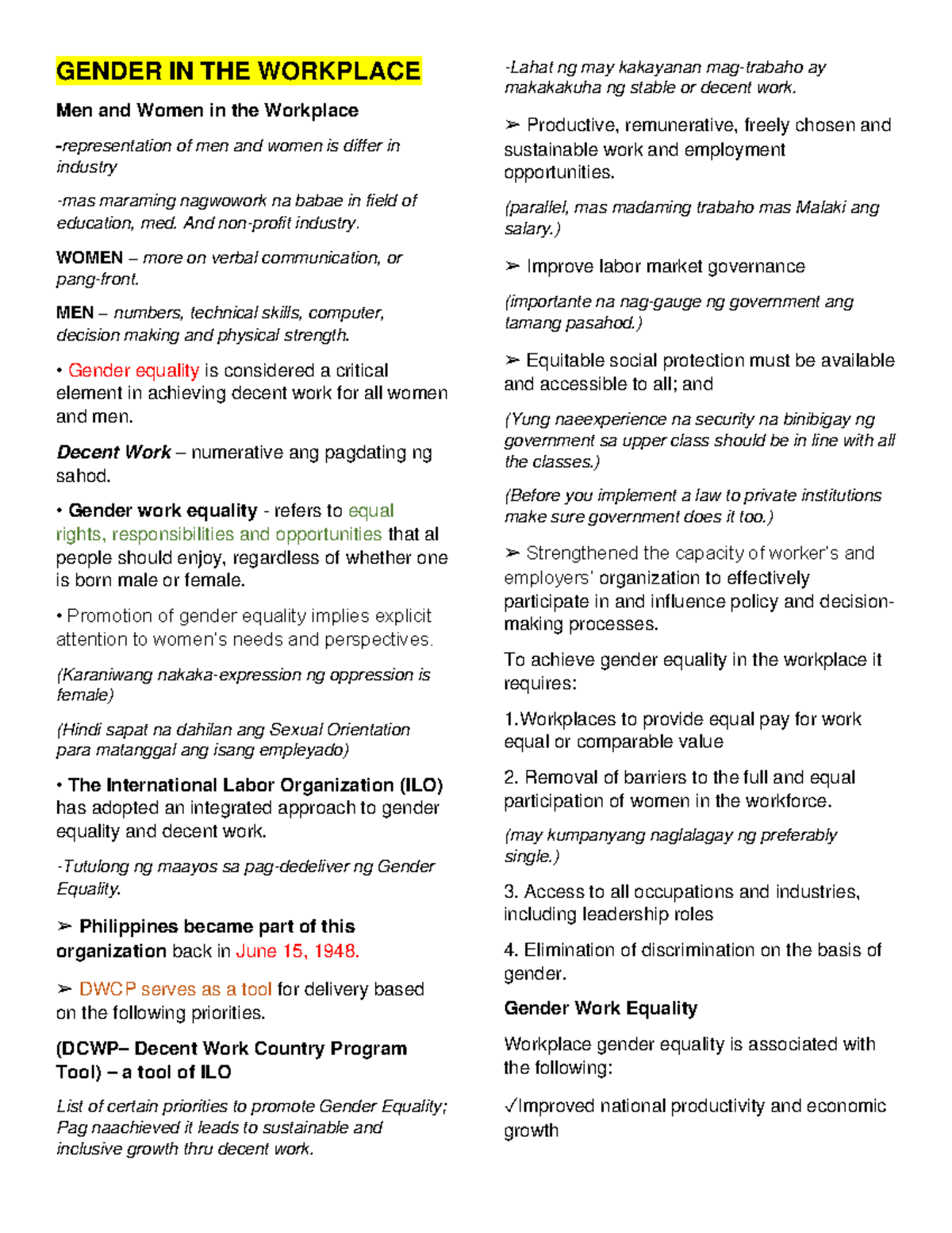 Gensoc 101: Gender Equality and Workplace Dynamics Final Exam Review ...