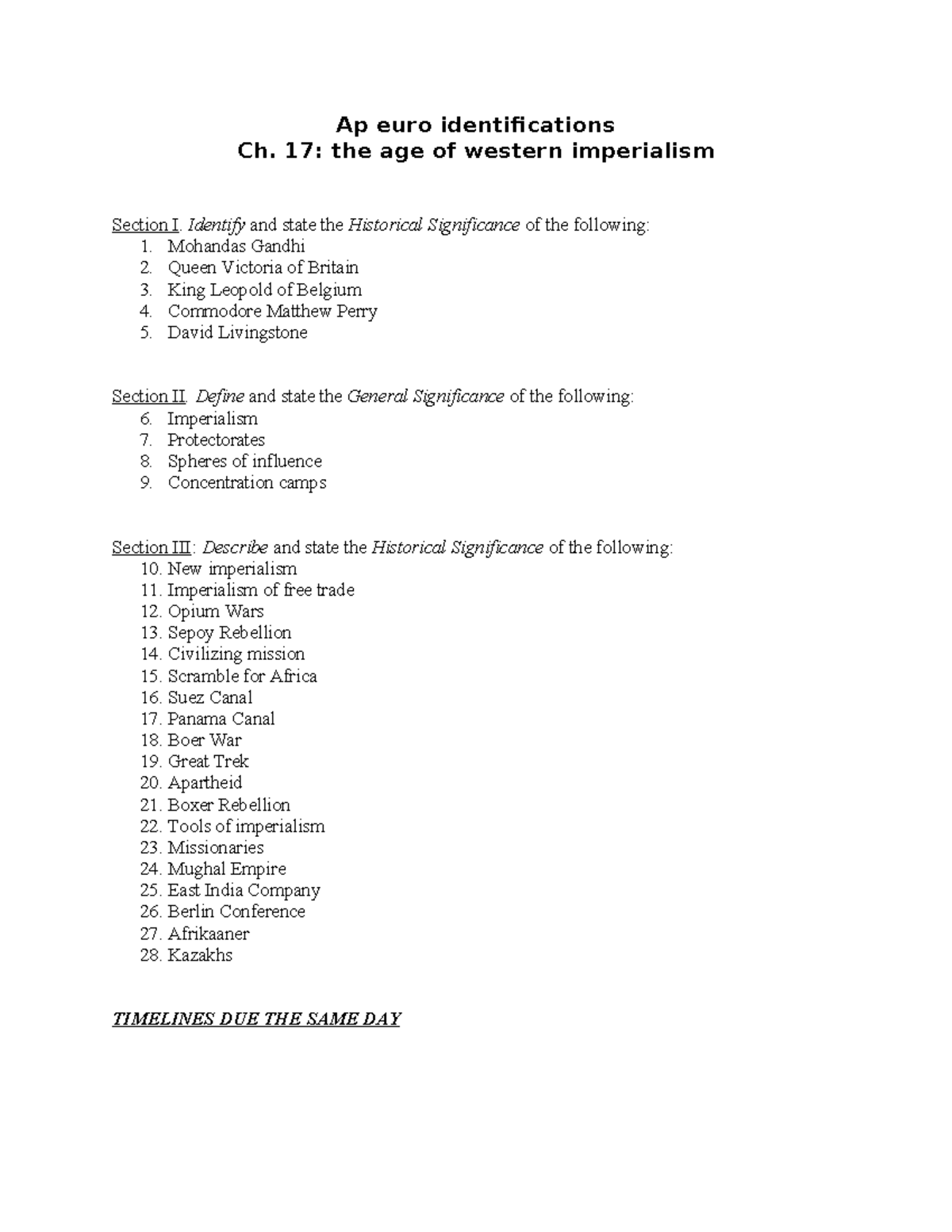 AP Euro Identifications: Ch. 17 - The Age of Western Imperialism - Studocu
