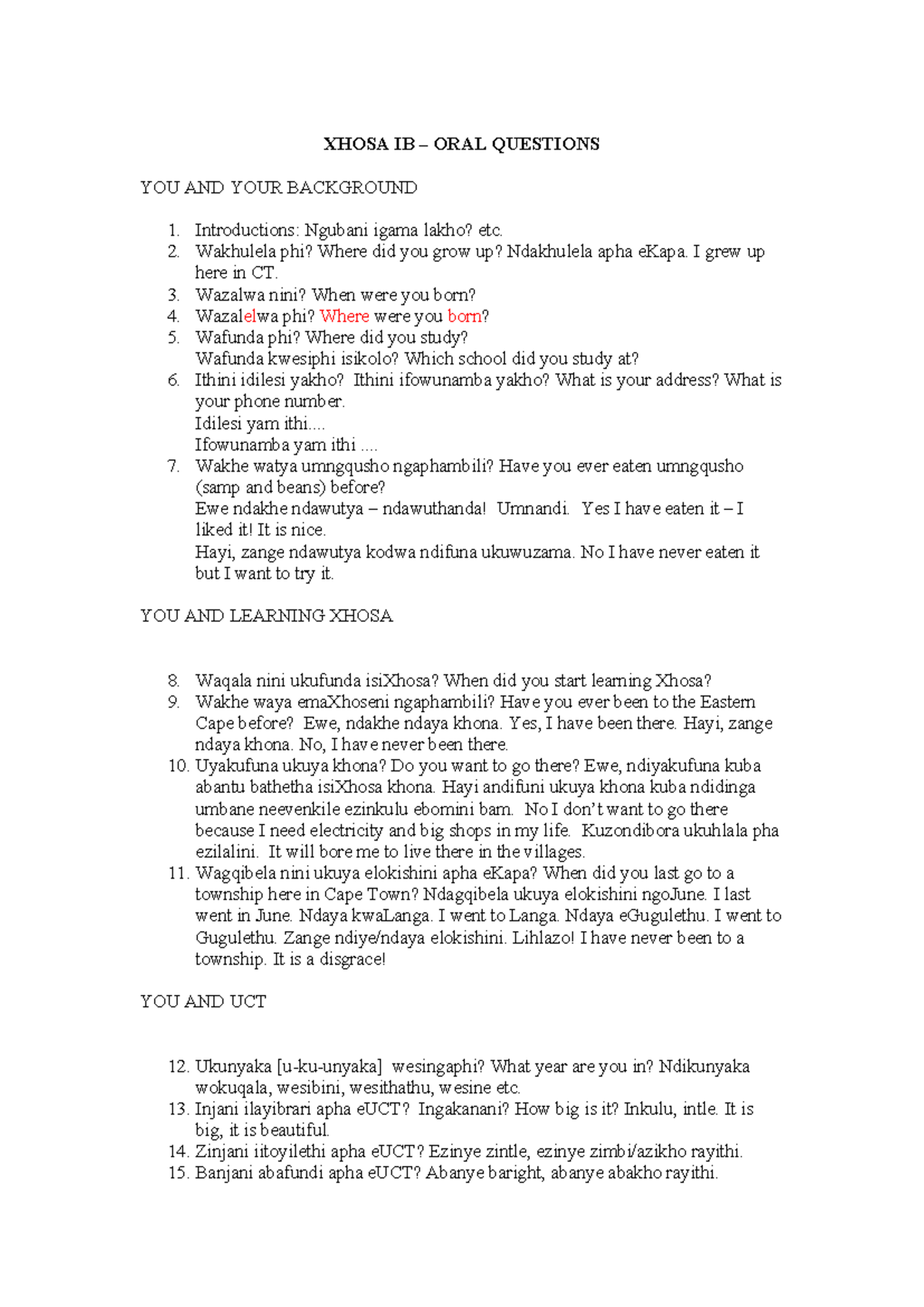 SLL1102S Xhosa IB - Oral Questions for 2024 Exam Preparation - Studocu