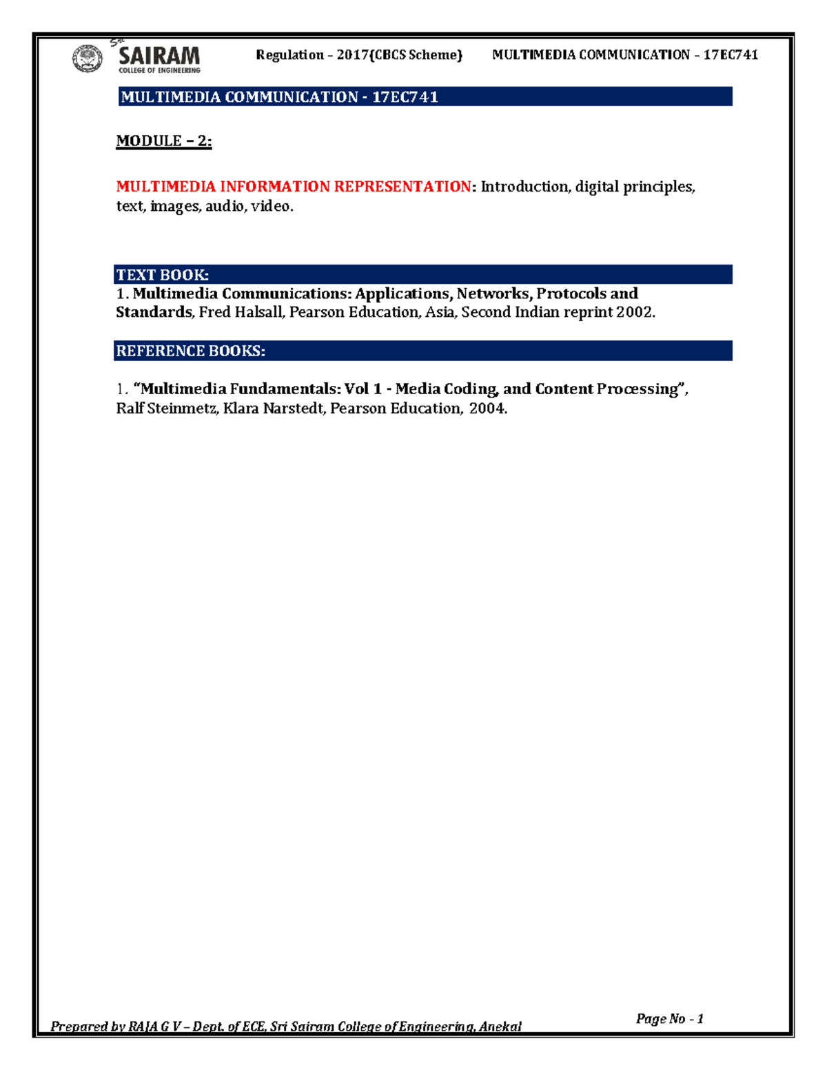 Multimedia Communication Study Notes - 17EC Module 2 Overview - Studocu