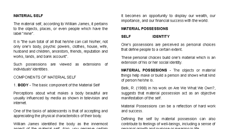 MATERIAL SELF AND SOCIAL SELF: Understanding Identity and Possessions ...
