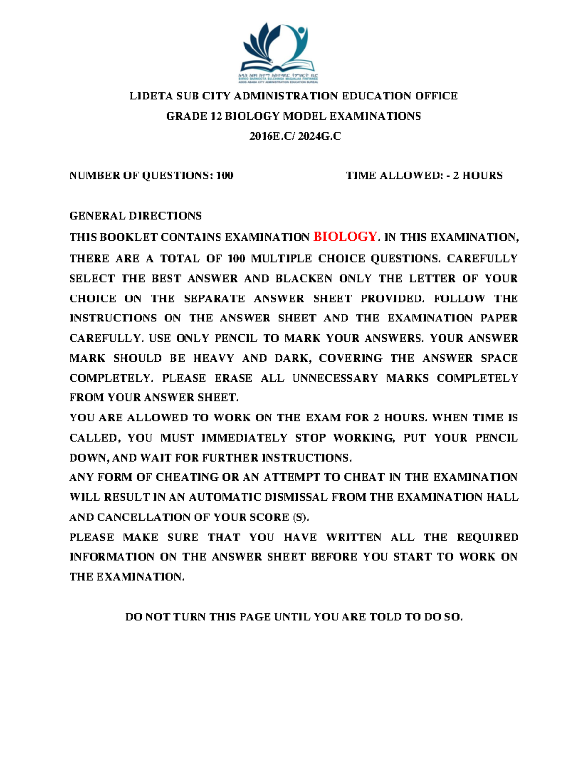 LIDETA SUB CITY GRADE 12 BIOLOGY MODEL EXAMINATION 2024 G.C. - Studocu