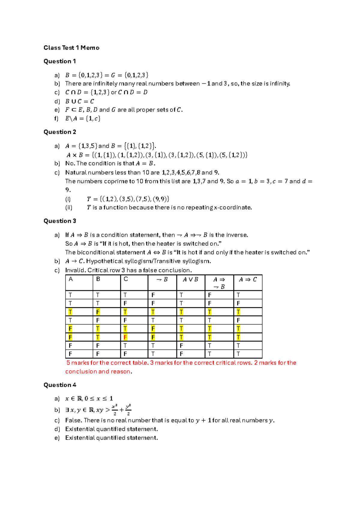 Class Test 1 Memo: Detailed Solutions and Explanations - Studocu