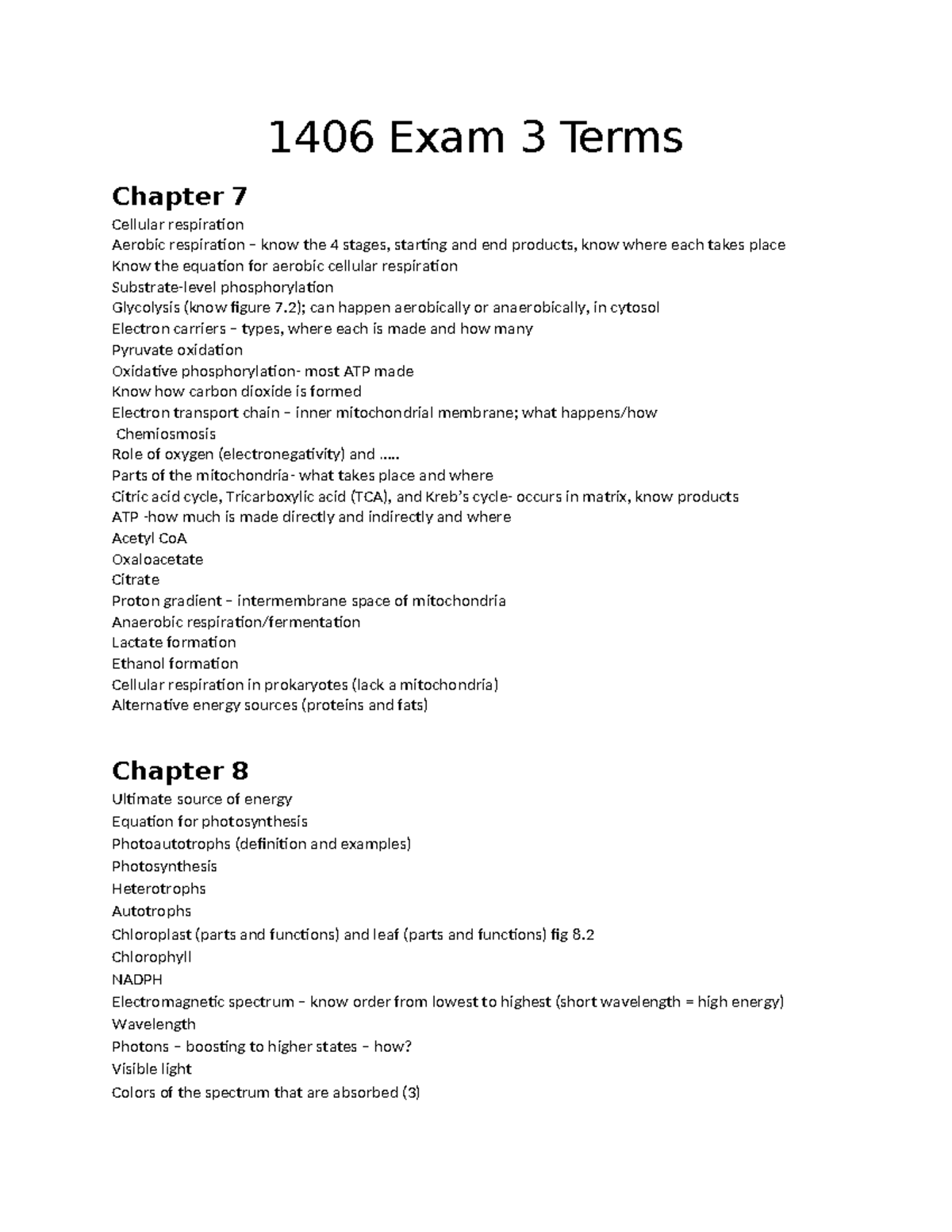 Biology 1406 Exam 3 Study Guide: Cellular Respiration & Photosynthesis ...