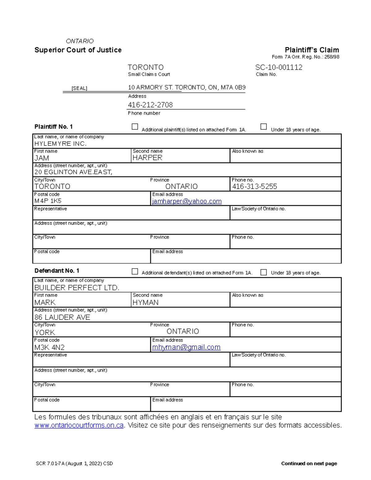 FORM 7A - Statement of Claim - Final - Gladys - SC-10-258/ - Studocu