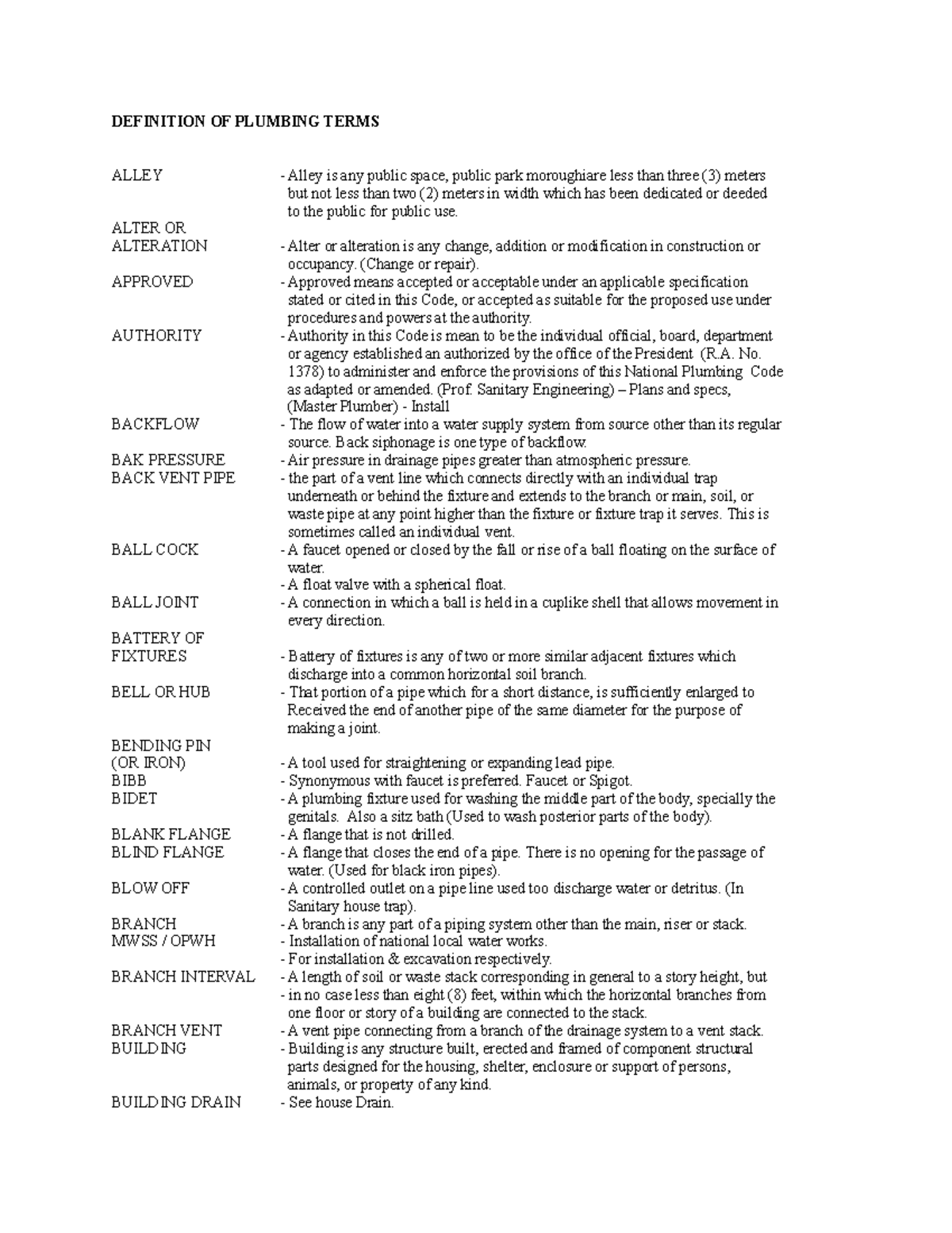 Final Exam Study Guide: Definition of Plumbing Terms (PW 101) - Studocu