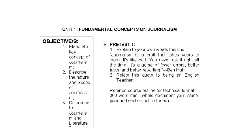 Allied 101: Unit 1 - Fundamental Concepts in Journalism Pretest - Studocu