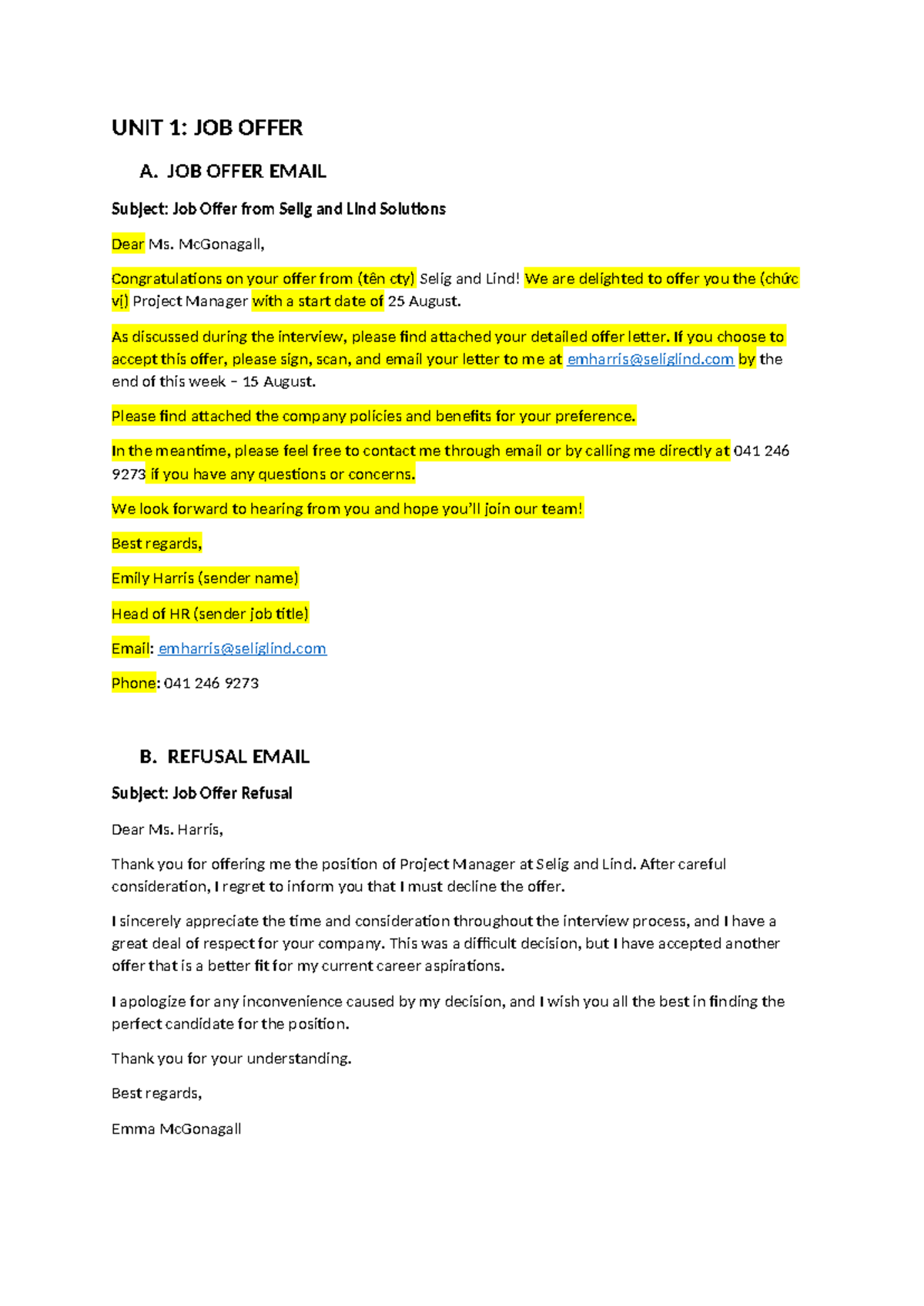 UNIT 1: JOB OFFER EMAIL & REFUSAL EXAMPLES - Studocu
