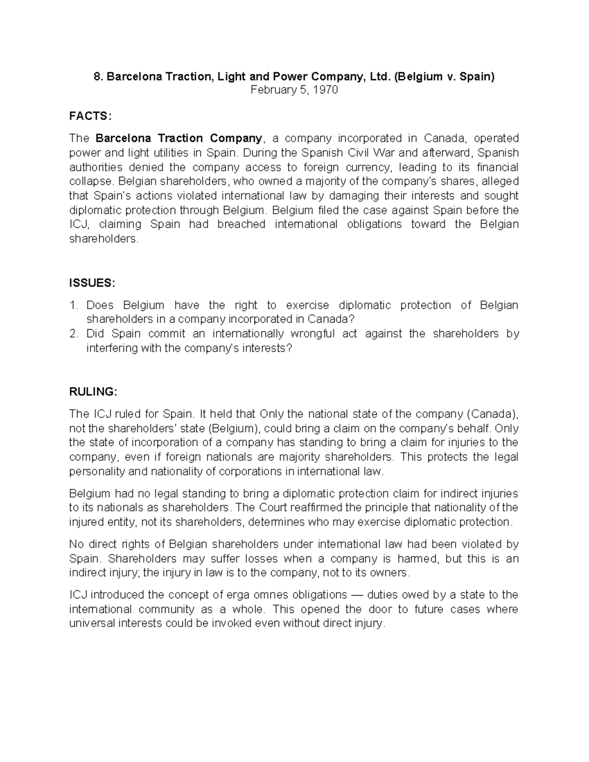 8. Barcelona Traction Case Study: Belgium v. Spain (ICJ 1970) - Studocu