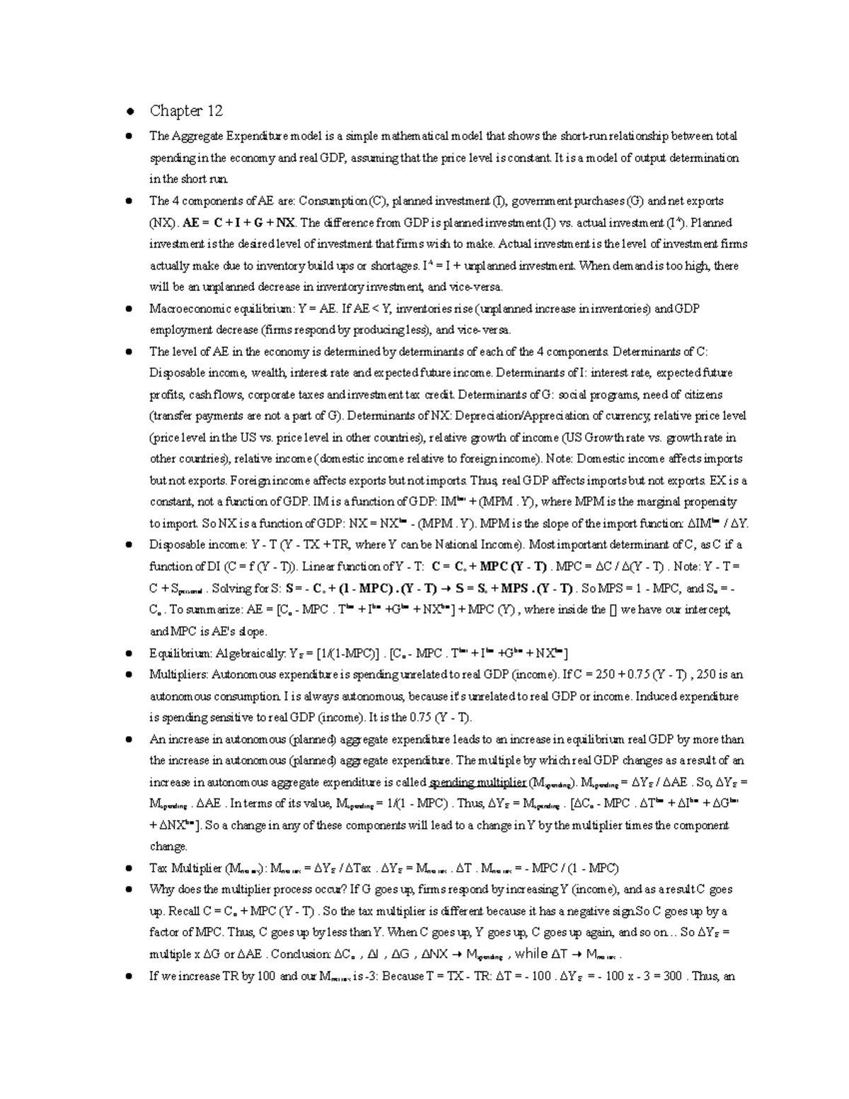Macroeconomics Final Cheatsheet - Chapter 12 The Aggregate Expenditure ...