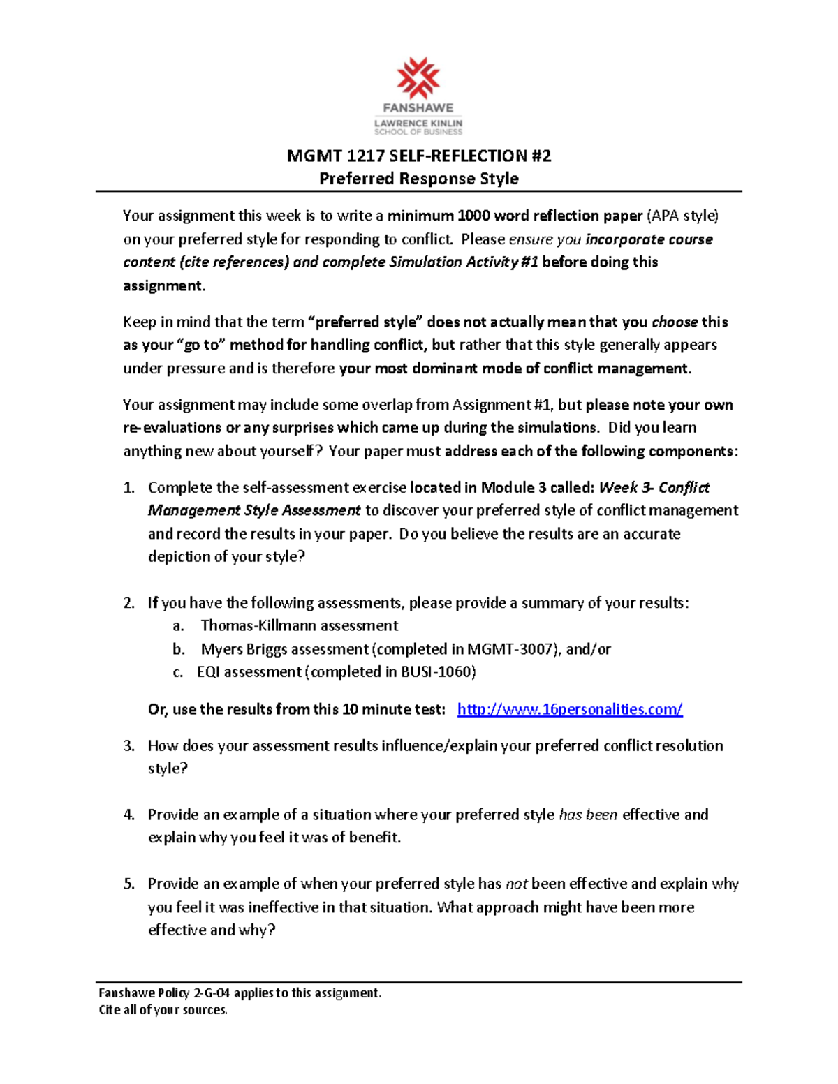 MGMT 1217 Self-Reflection on Conflict Management Styles Assignment - Studocu