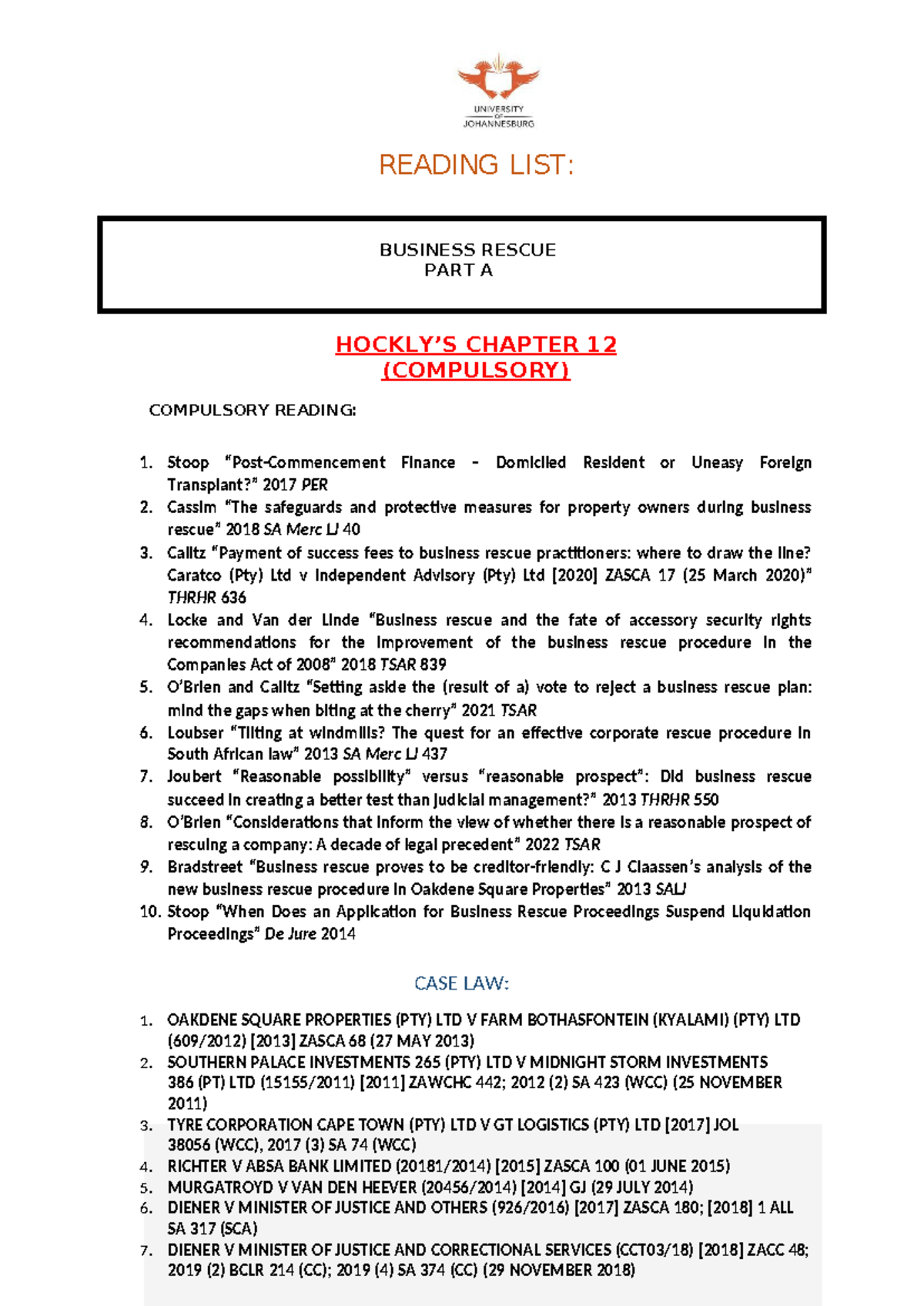 Case Law Reading List for Business Rescue (PART A - Hockly's Chapter 12 ...