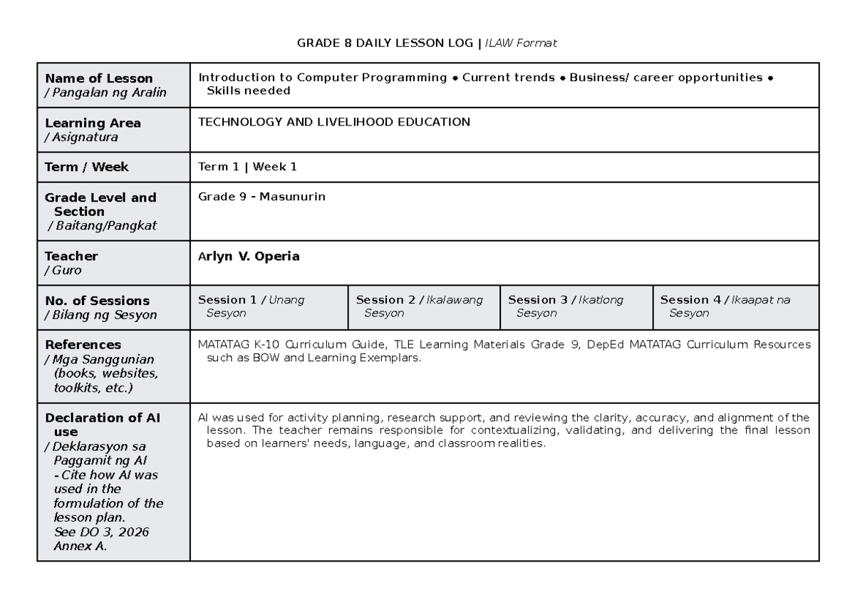 ILAW DLL TLE ICT 9 T1 W1 - Intro to Computer Programming Lesson Plan ...