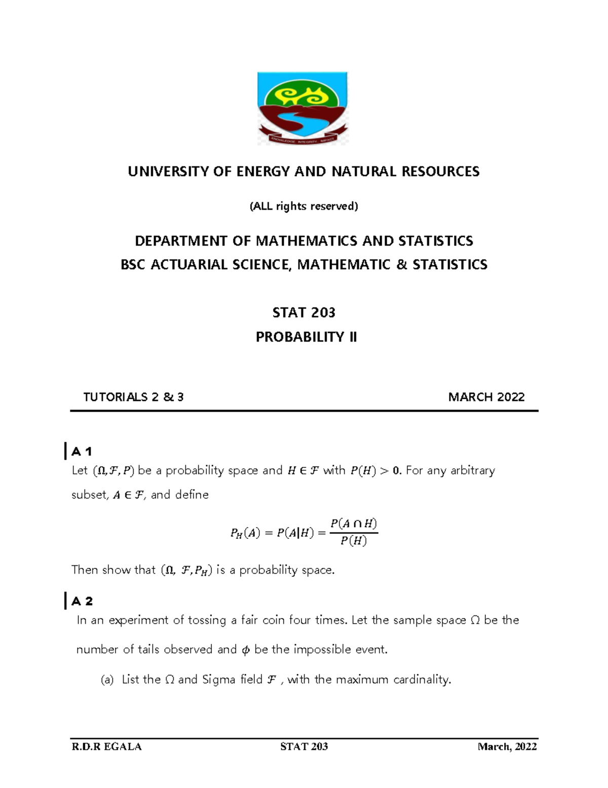 STAT 203 Probability II - Tutorials 2 & 3 (March 2022) - Studocu