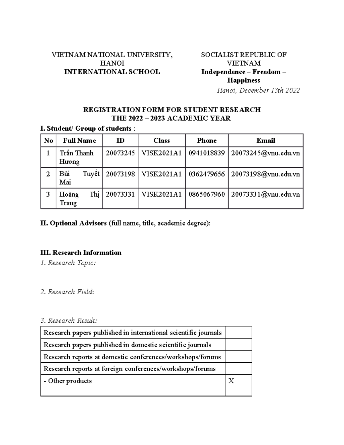 Registration FORM FOR Student Research - VIETNAM NATIONAL UNIVERSITY ...