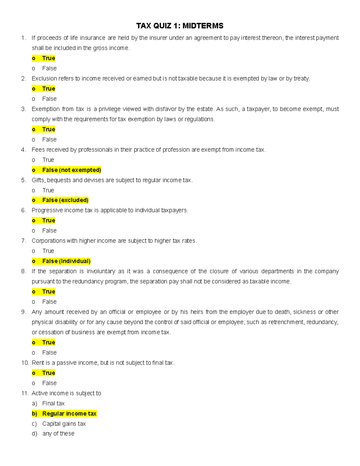 TAX 101: MIDTERM QUIZ 1 ON INCOME EXCLUSIONS AND EXEMPTIONS - Studocu
