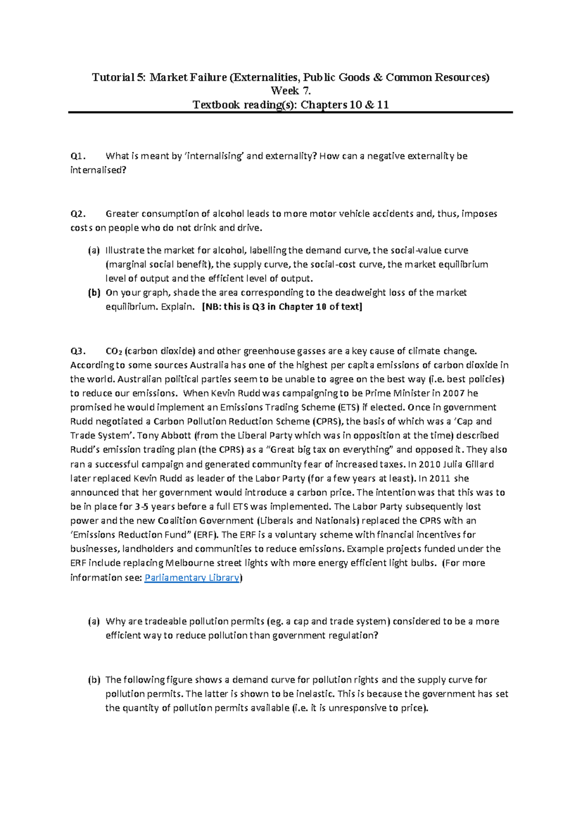 S2 2020 Tut5 wk7 questions - Tutorial 5: Market Failure (Externalities ...