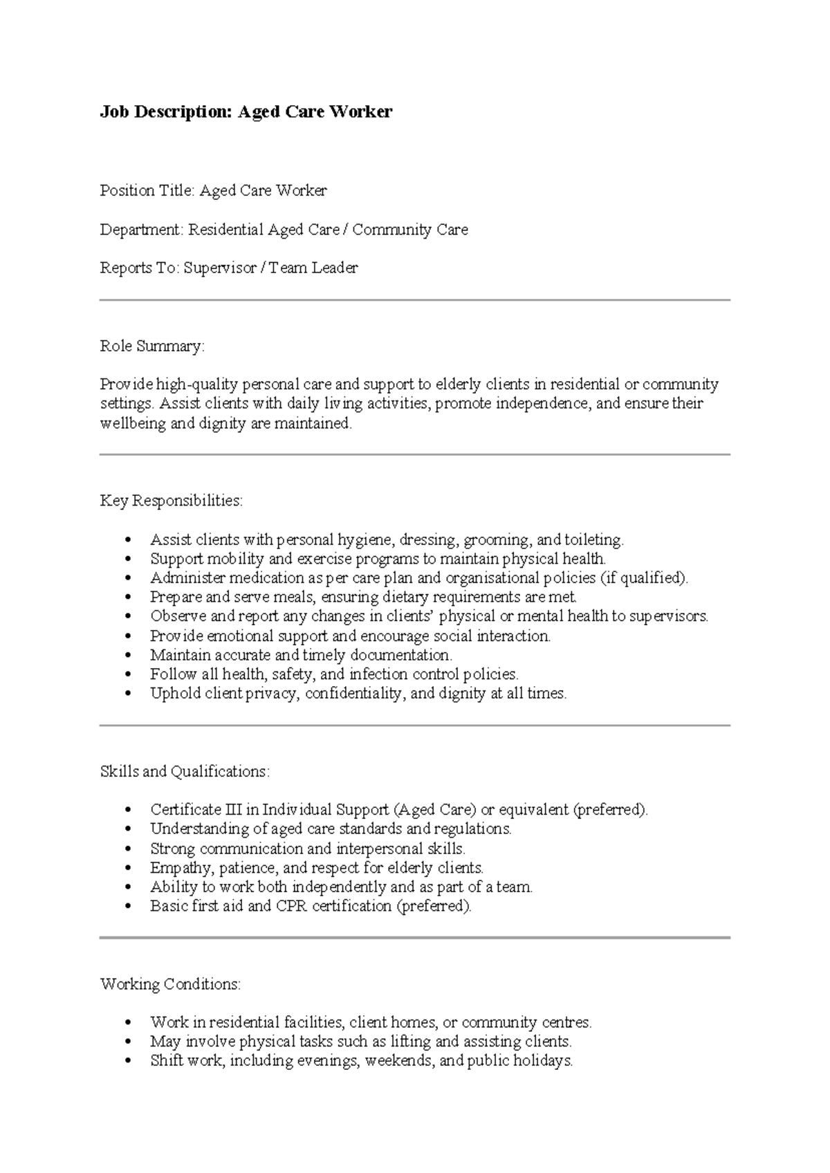 Aged Care Worker Job Description: Key Responsibilities & Skills - Studocu