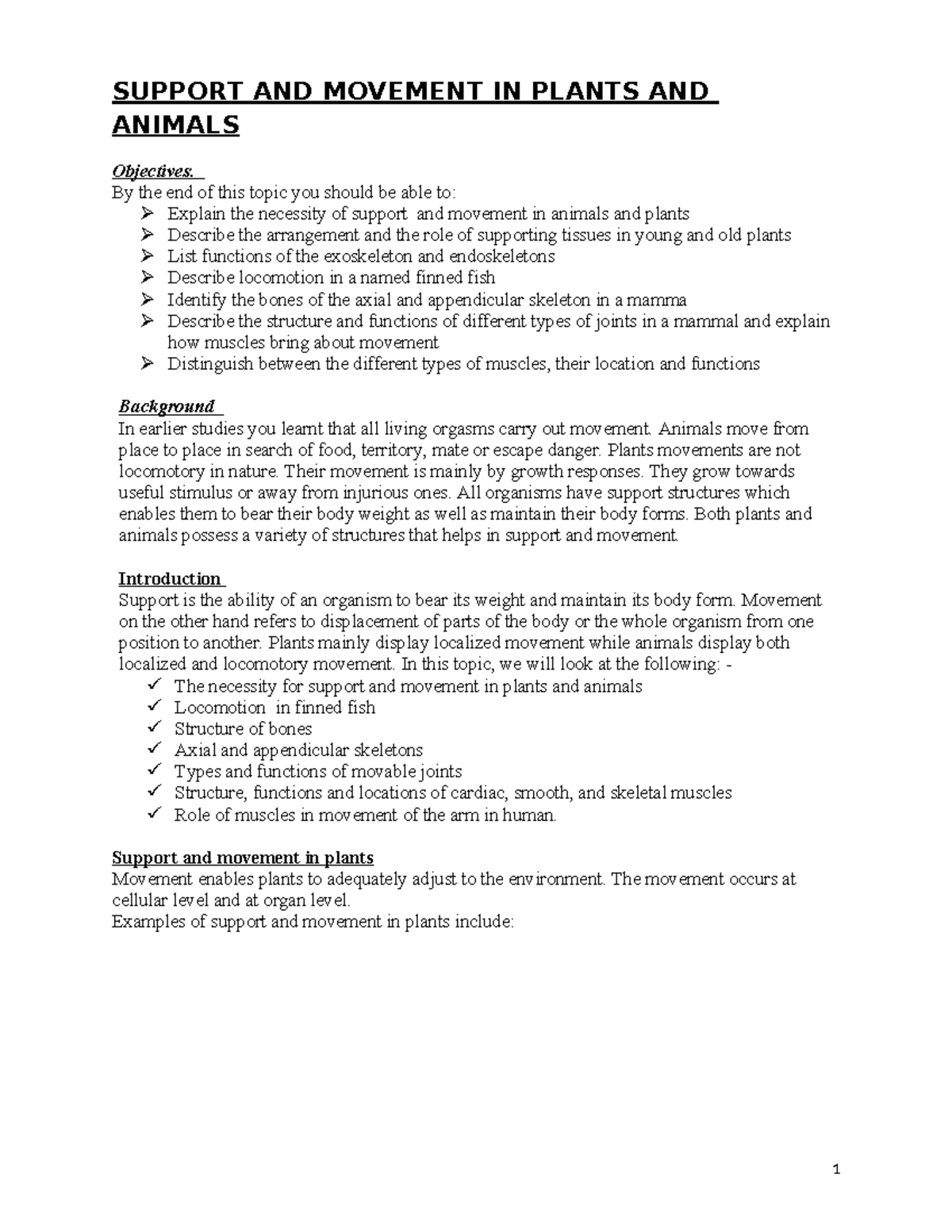 Support and Movement in Plants and Animals: Key Concepts and Notes ...
