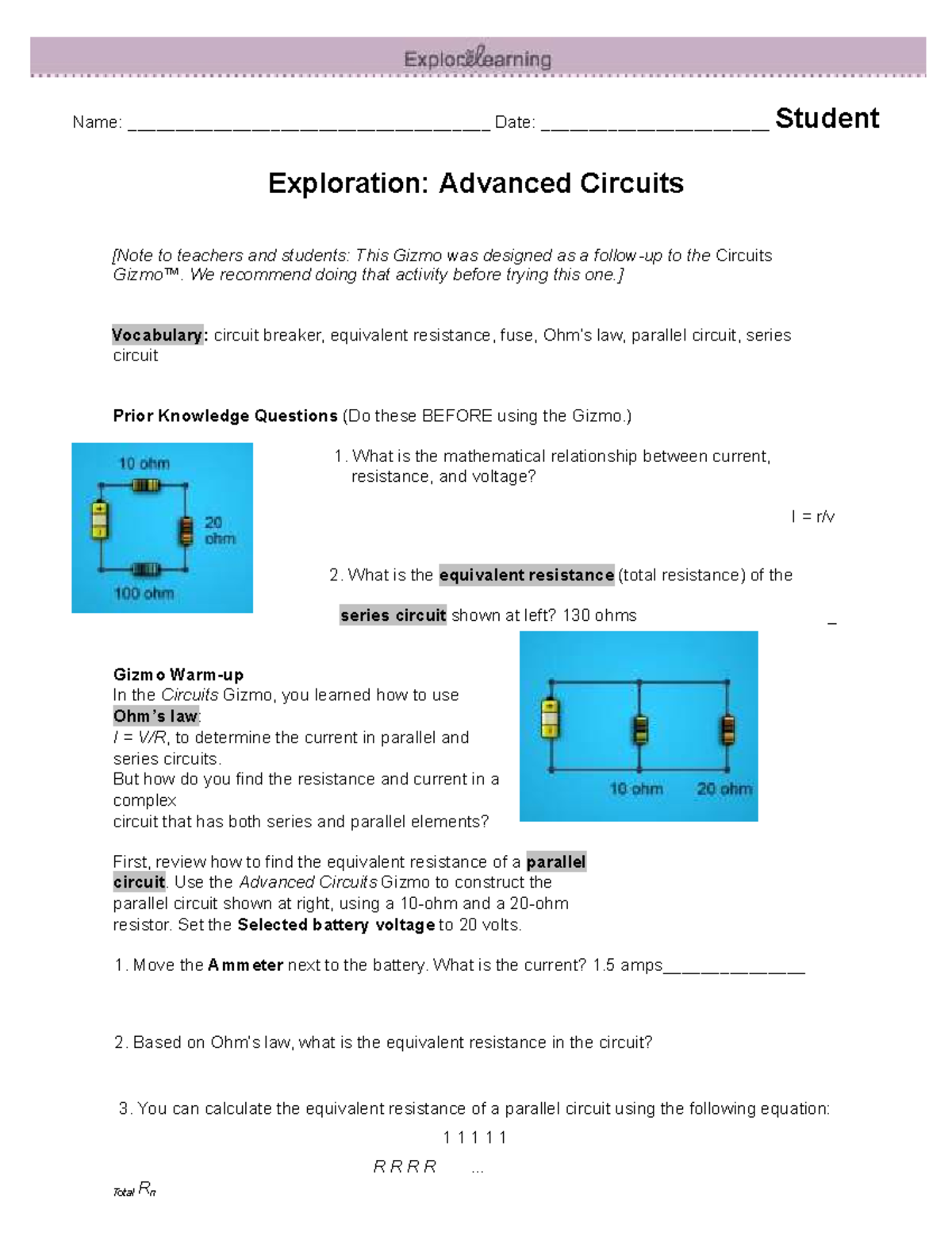 Advanced Circuits SE - Student Exploration Guide - Studocu
