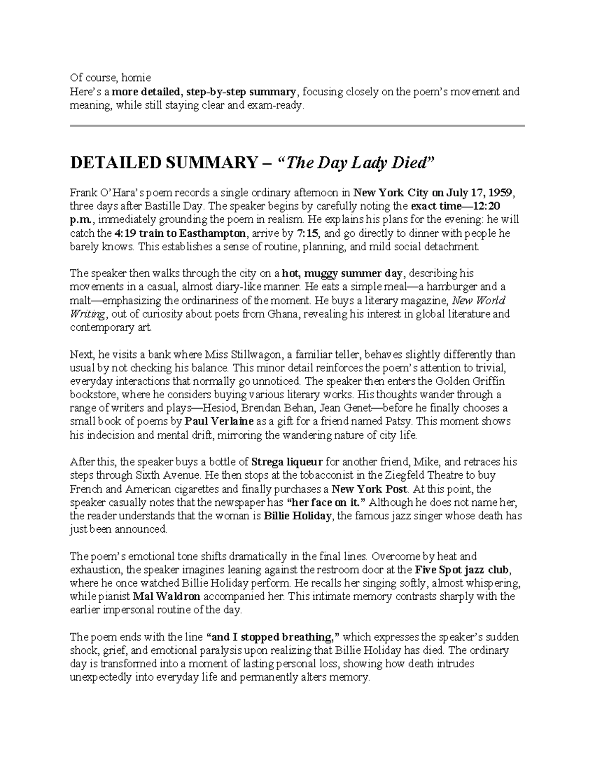 Detailed Analysis of "The Day Lady Died" by Frank O'Hara - Studocu