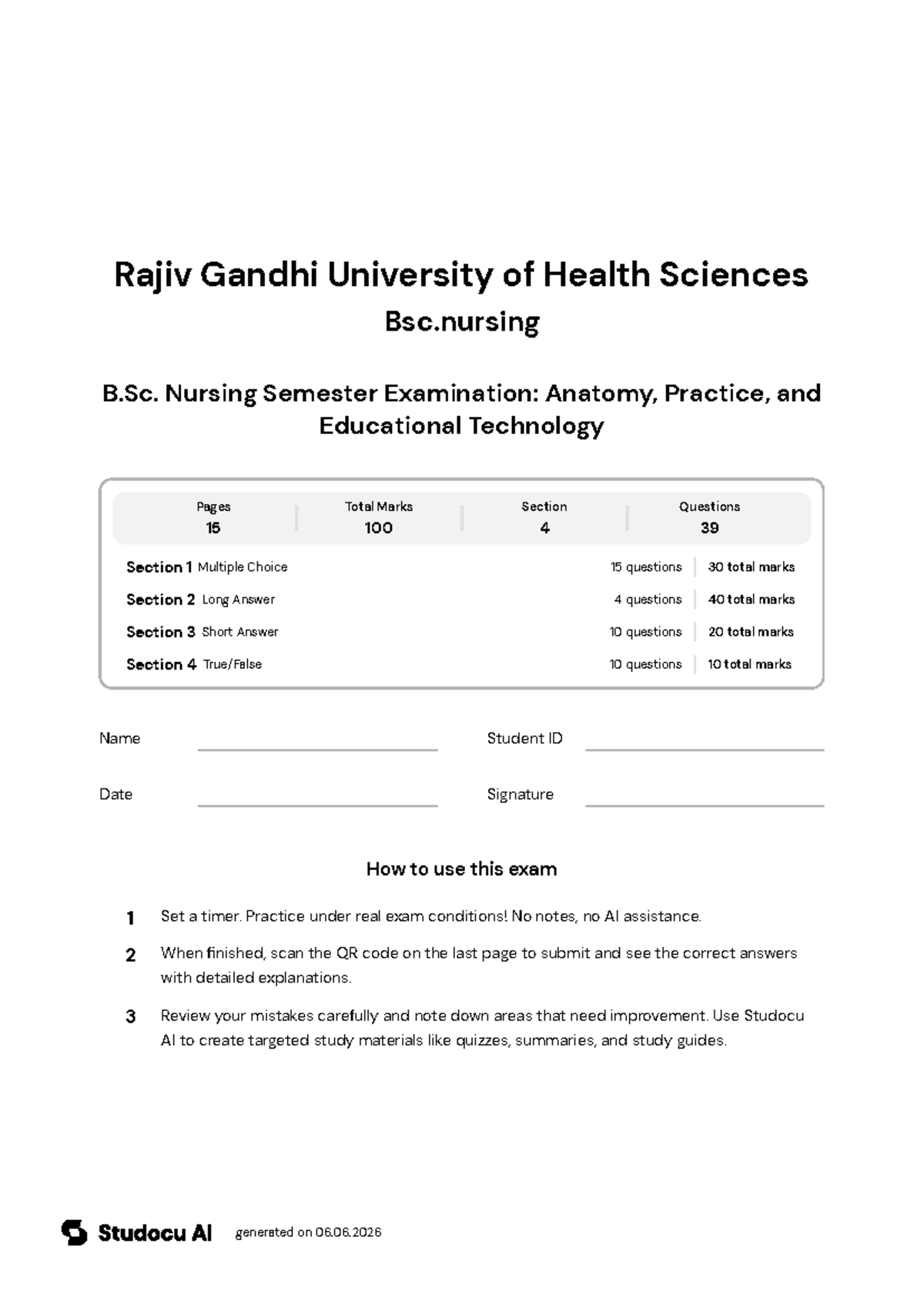 B.Sc. Nursing Final Exam: Anatomy and Nursing Practice - Studocu