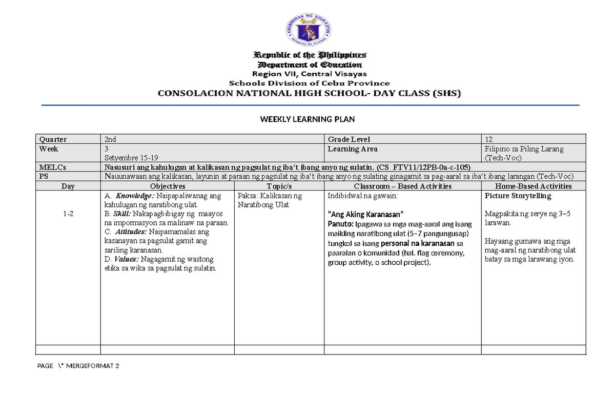 WEEK 3 LEARNING PLAN Filipino 12 TECH-VOC: Pagsulat ng Naratibong Ulat - Studocu
