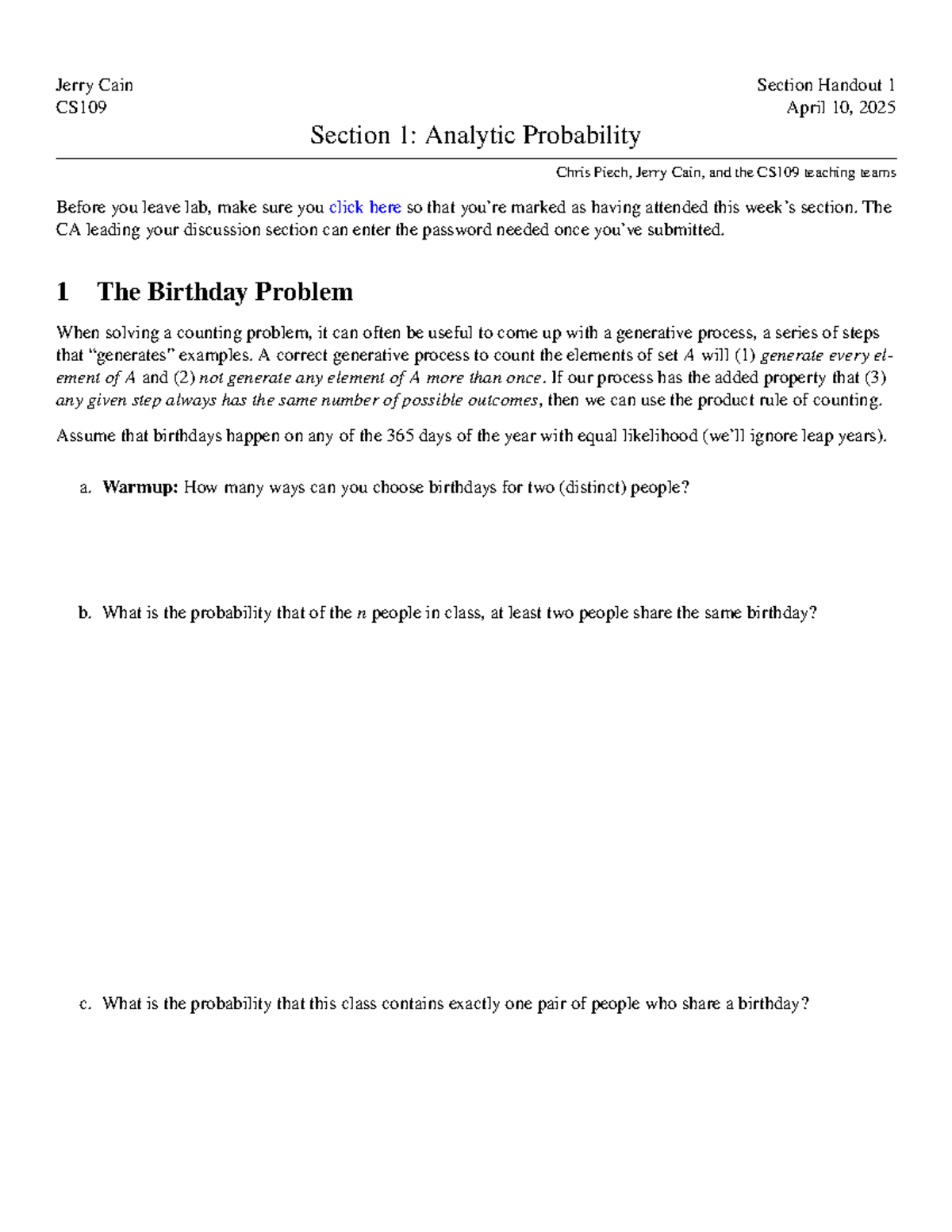 CS 109 - Section 1: Analytic Probability Handout and Birthday Problem ...