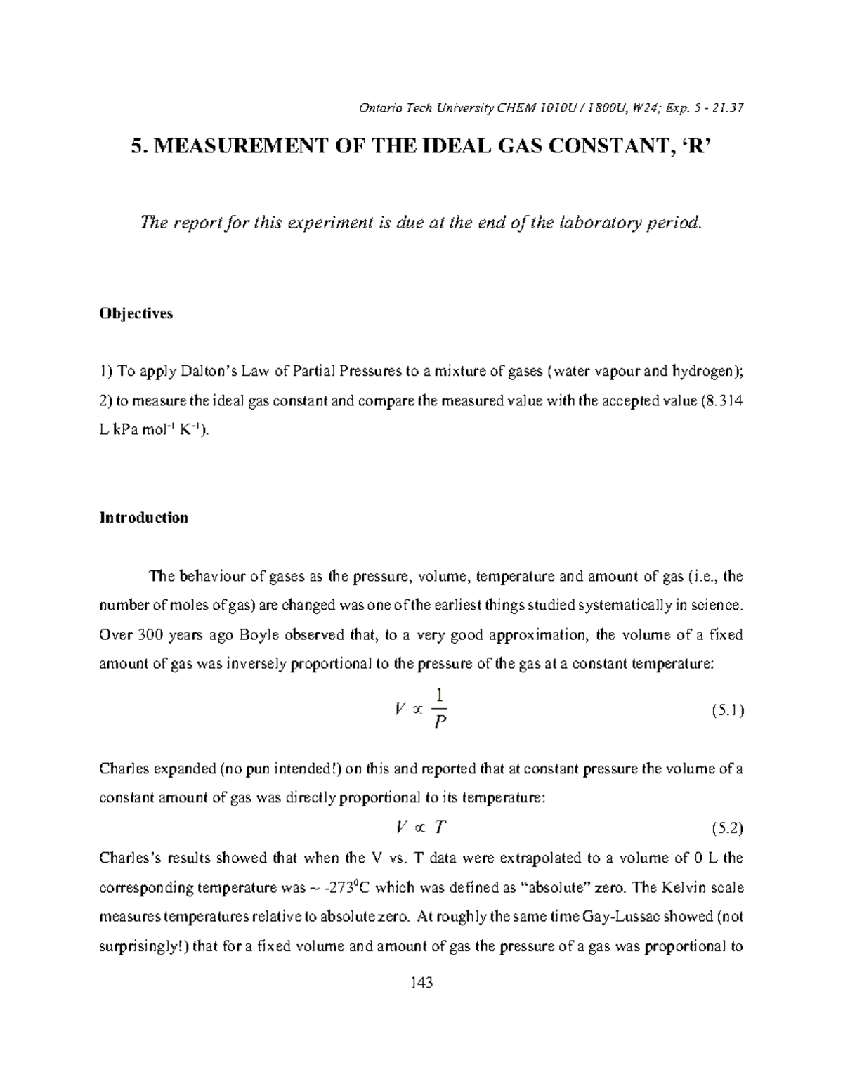 CHEM 1800 Lab 5 - Measuring the Ideal Gas Constant (R) - Studocu